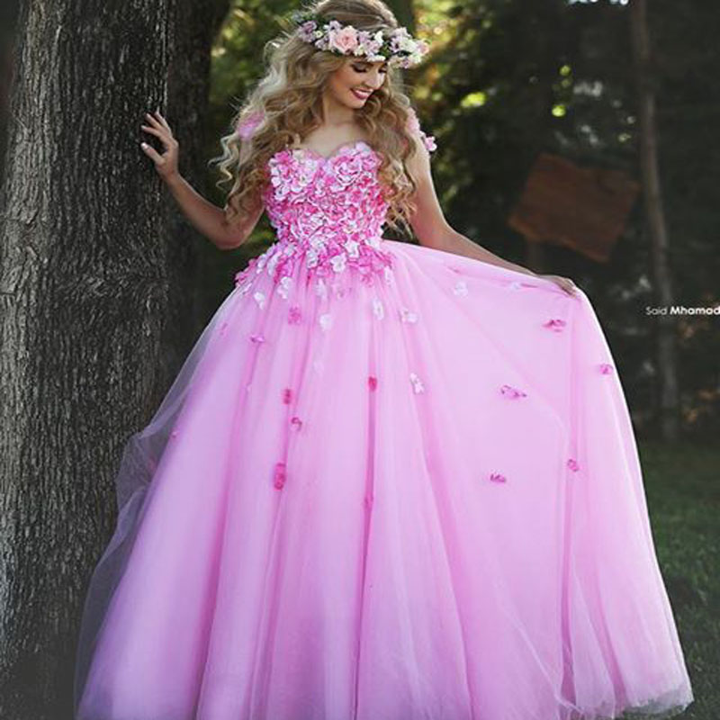 Pink Prom Dresses Flowers Evening Dresses 3d Flowers Evening Gowns A